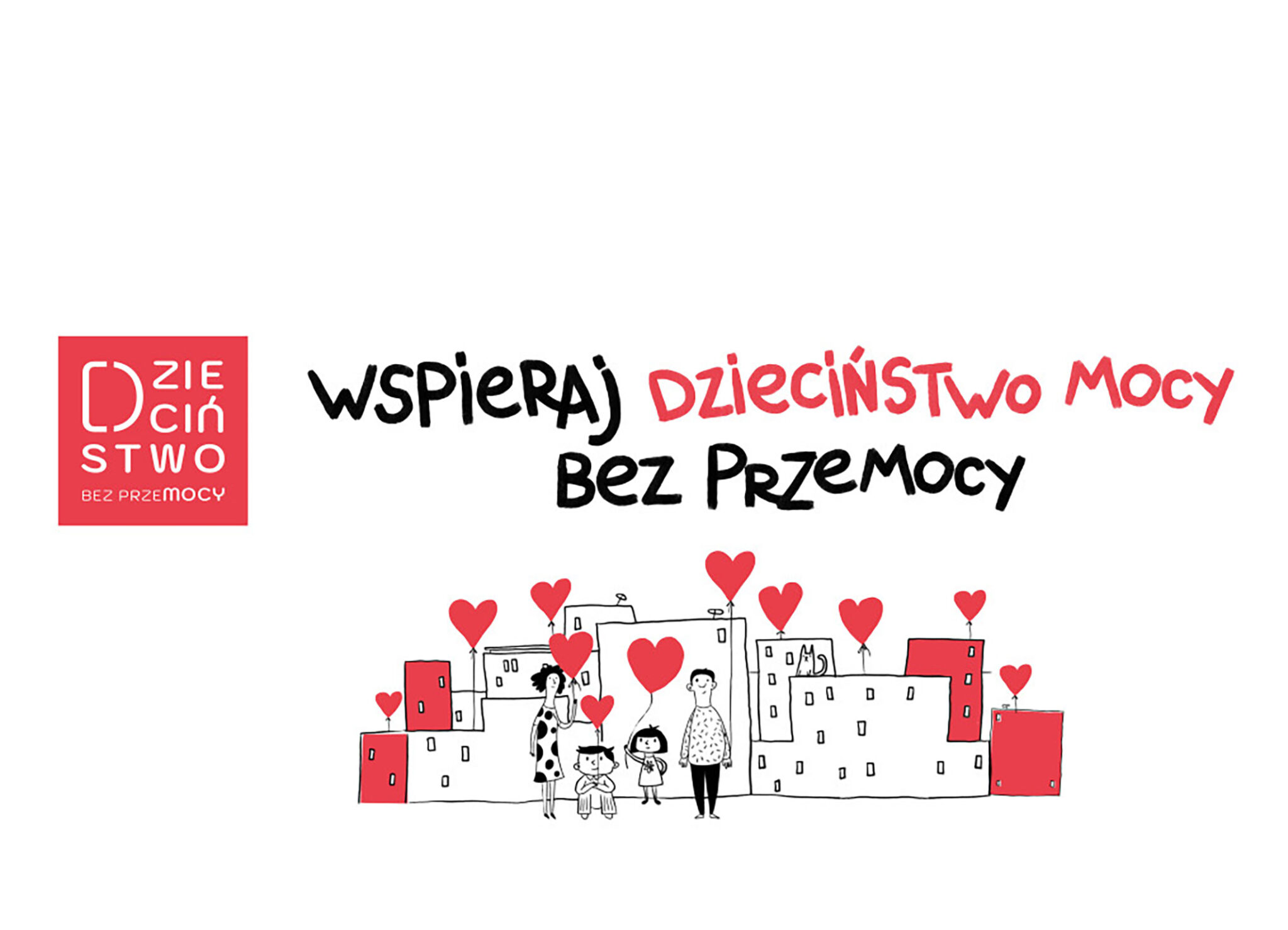 osoby dorosłe i dzieć z balonami w kształcie serca, napis Wspieraj ...